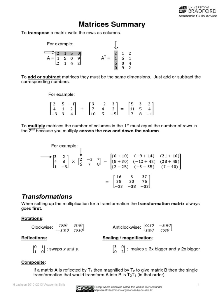 Matrices Summary | PDF | Determinant | Matrix (Mathematics)