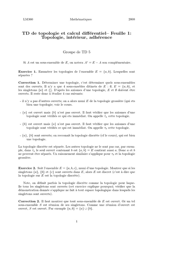 Corrige TD1 LM360 PDF | PDF | Inclusion (mathématiques) | Ensemble vide