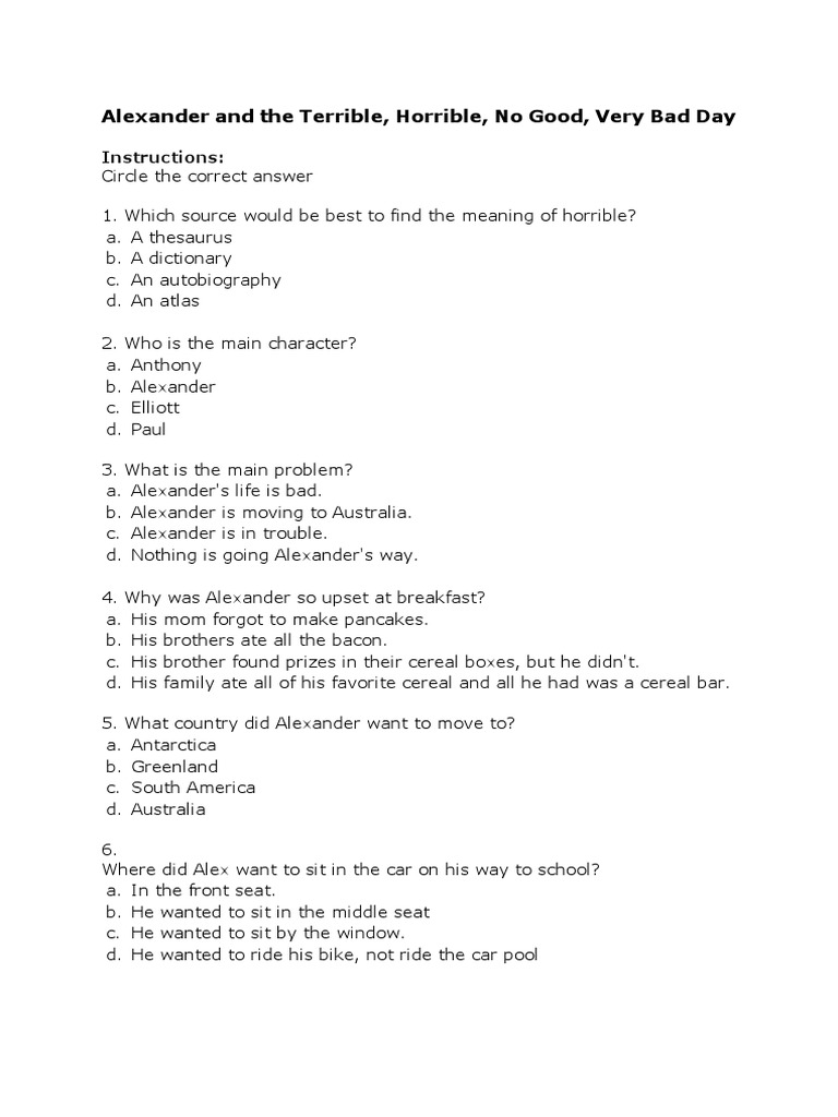 Alexander and The Terrible Worksheet | PDF