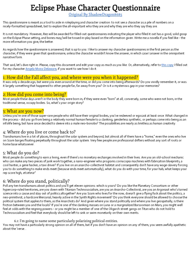 Eclipse Phase - Character Questionnaire | PDF | Gender | Gender Studies