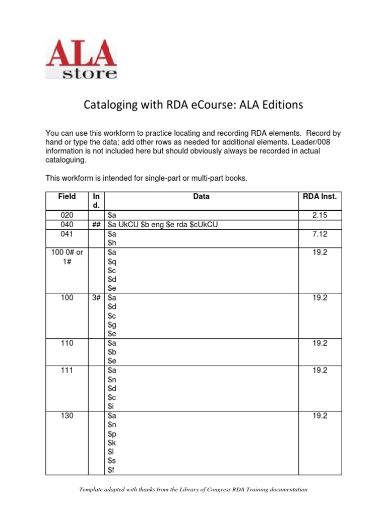 RDA MARC Template - Cataloging With RDA Ecourse PDF | PDF | Cataloging ...