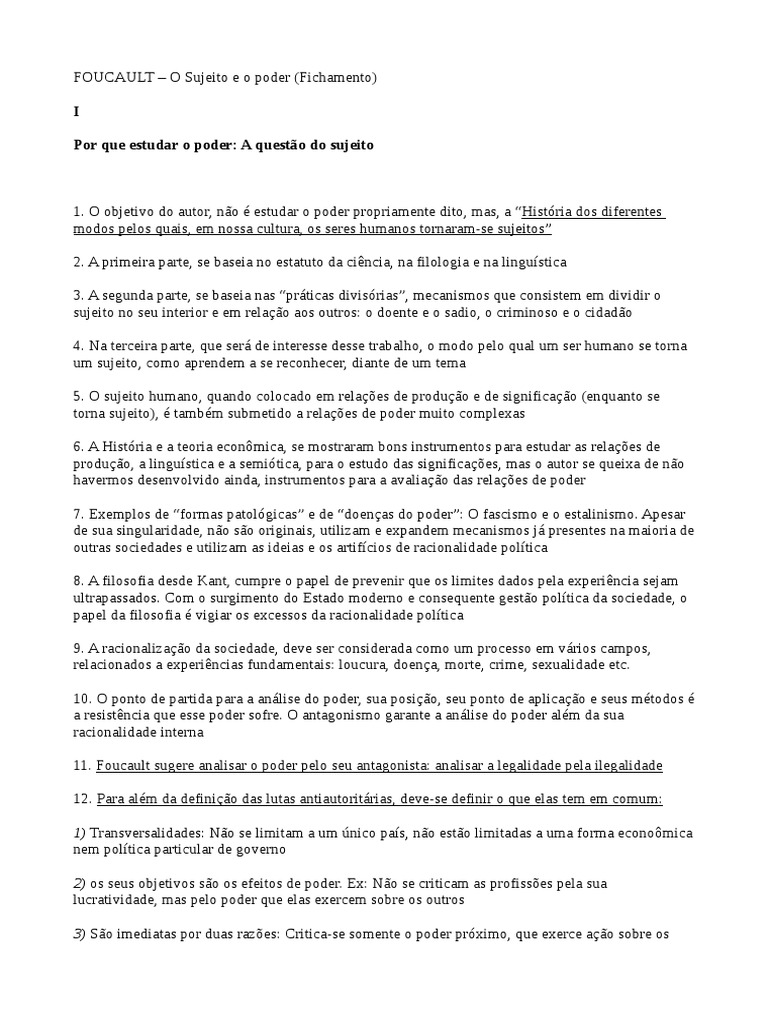Análise das Formas de Poder e Sujeição na Obra de Foucault segundo um ...