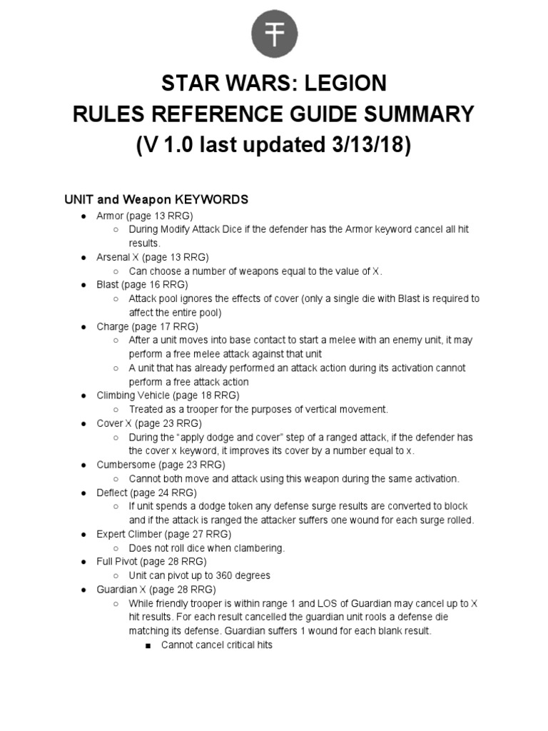 Star Wars: Legion Rules Reference Guide Summary (V 1.0 Last Updated 3 ...