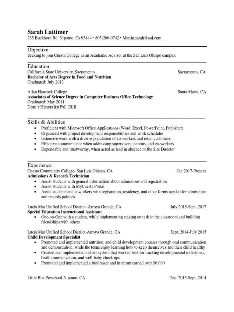 Sarah Lattimer: Objective | PDF | Kindergarten | Child Development