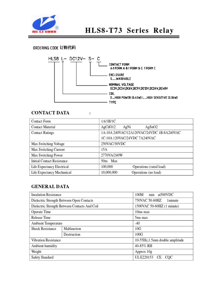 HLS8-T73 5V Relay Datasheet | PDF | Relay | Electrical Resistance And ...