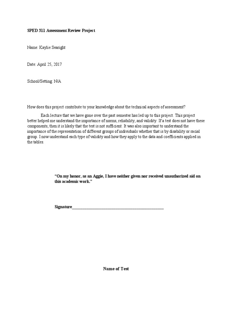SPED 311 Assessment Review Project: Name of Test | Download Free PDF ...
