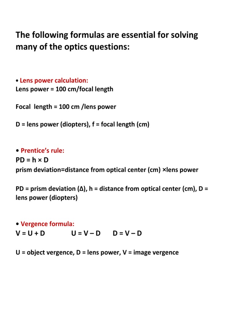 Optics Formulas for Eye Care Professionals | PDF | Teaching Methods ...
