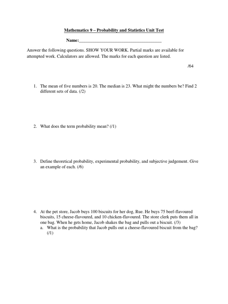 Mathematics 9 - Probability and Statistics Unit Test Name | PDF ...