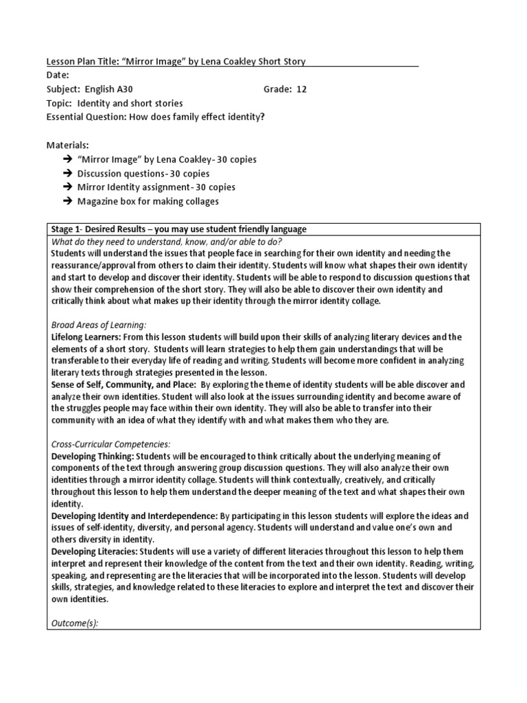 Mini Unit Plan Lesson 2 | PDF | Reading Comprehension | Identity ...