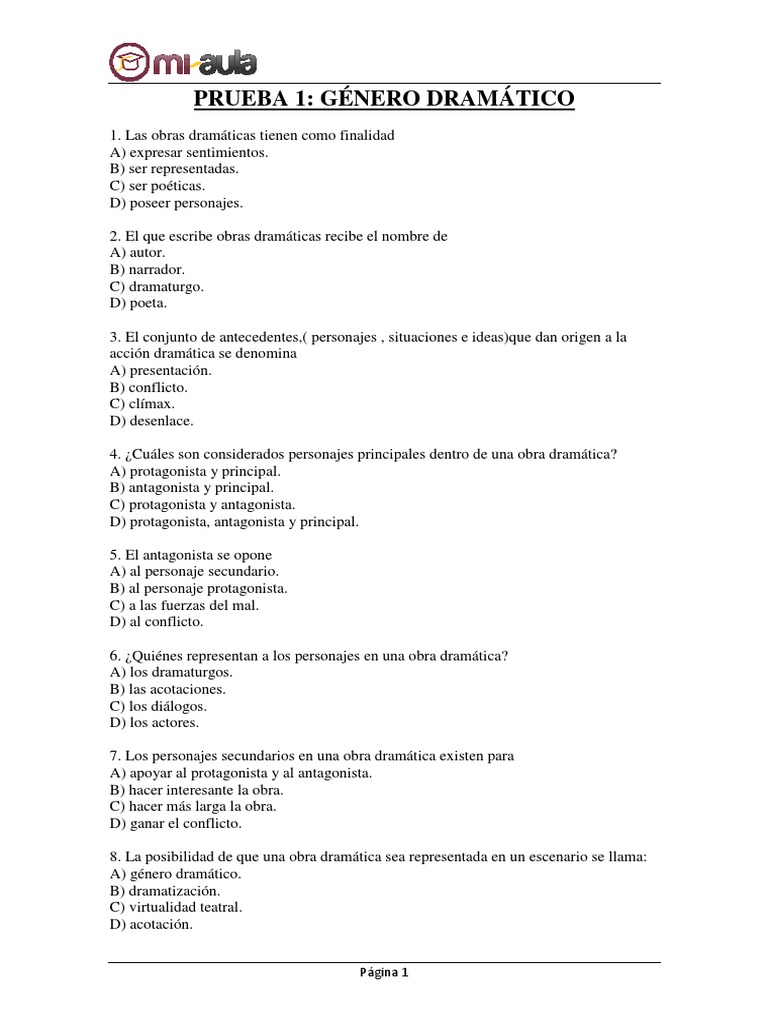 Prueba 1 El Genero Dramatico 28496 20160824 20140804 170615 | PDF | Comedia | Teatro