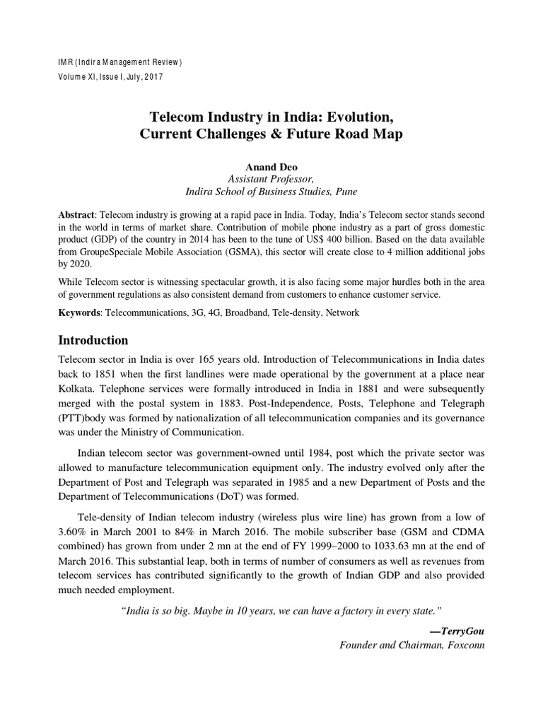 Telecom Industry in India: Evolution, Current Challenges & Future Road Map | PDF ...