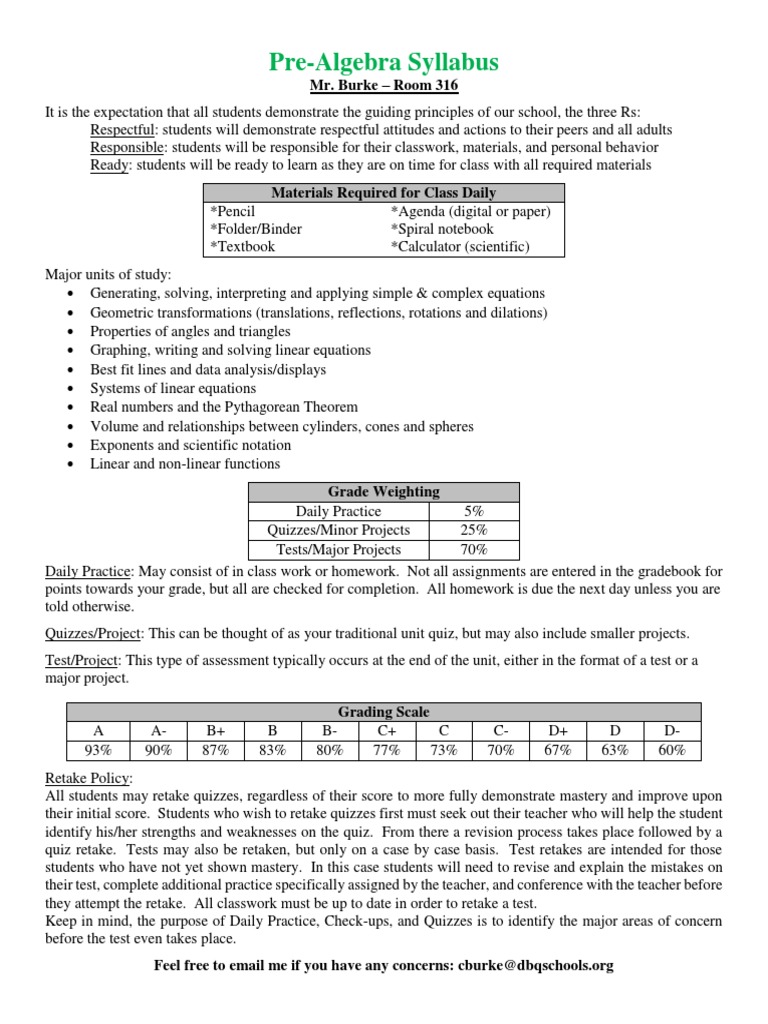 Pre-Algebra Syllabus: Mr. Burke - Room 316 | PDF | Quiz | Homework