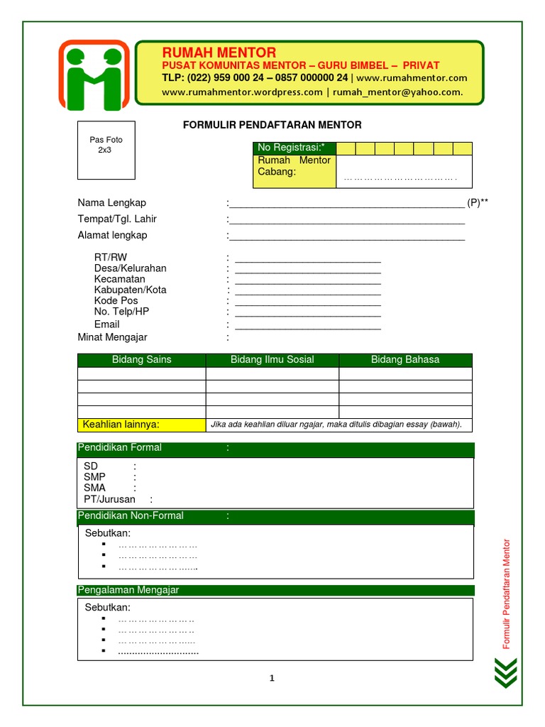 Formulir Pendaftaran Mentor Di Rumah Mentor | PDF