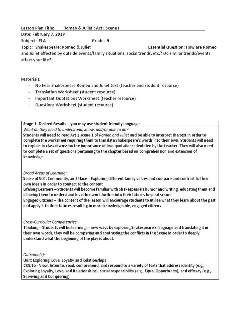 Grade 9 Romeo & Juliet Lesson | PDF | Reading Comprehension | Lesson Plan