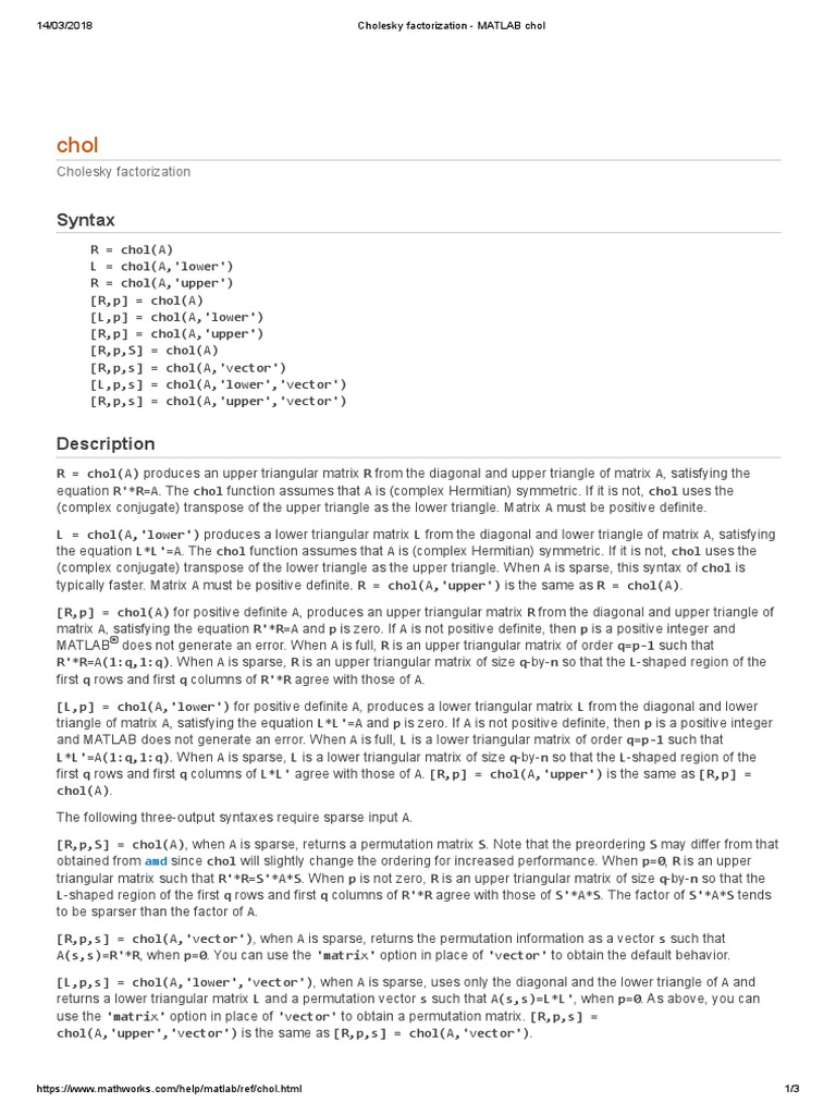 Cholesky Factorization - MATLAB Chol | PDF | Matrix (Mathematics ... Cholesky Factorization - MATLAB Chol | PDF | Matrix (Mathematics ...