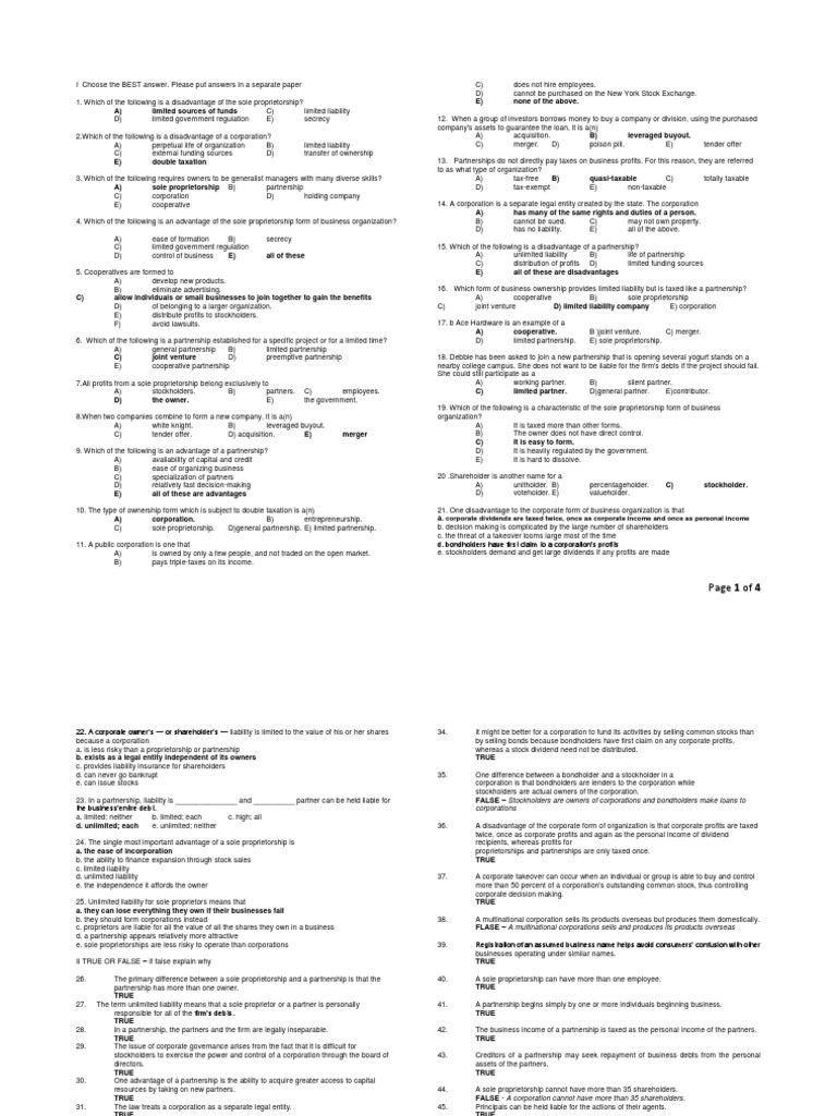 Answer Quiz On Business Organizations | PDF | Sole Proprietorship ...