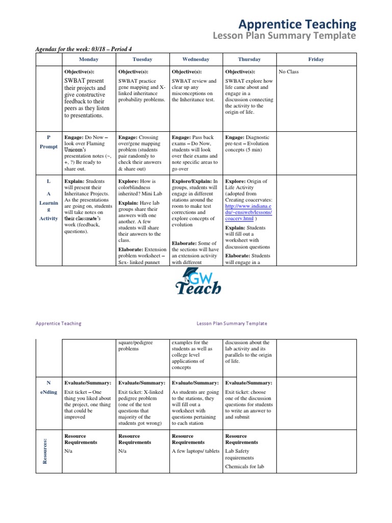 Apprentice Teaching: Lesson Plan Summary Template | PDF | Lesson Plan ...