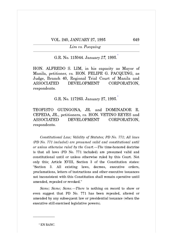 Lim Vs Paquing | PDF | Intervention (Law) | Injunction