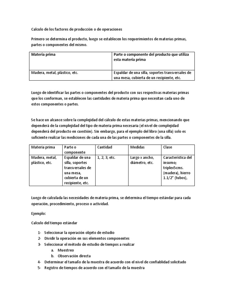 Calculo De Los Factores De Producción O De Operaciones Pdf Factores