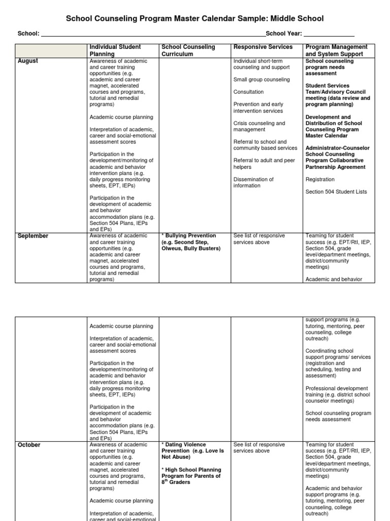Sample Middle School Master Calendar 1 | PDF | Individualized Education ...