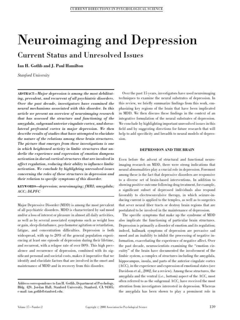Gotlib. Neuroimaging and Depression | PDF | Dorsolateral Prefrontal Cortex | Anterior Cingulate ...