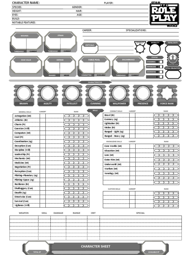 BastionKains PrintFriendly FFG StarWars Roleplay Character Sheet 01RE ...