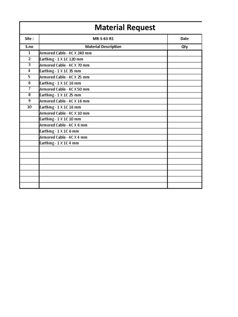 Material Request: Site: MR-S-63-R1 Date S.no Material Description Qty | PDF