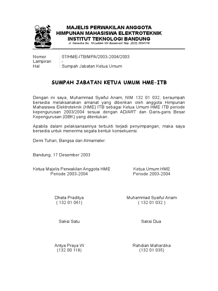 07 Sumpah Jabatan Ketua Umum Hme Itb | PDF