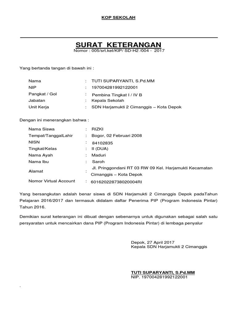 Format Surat Keterangan Pip | PDF