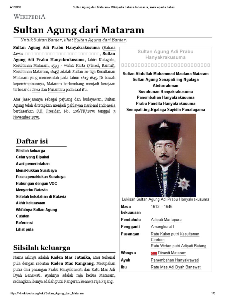 Sultan Agung Dari Mataram - Wikipedia Bahasa Indonesia | PDF