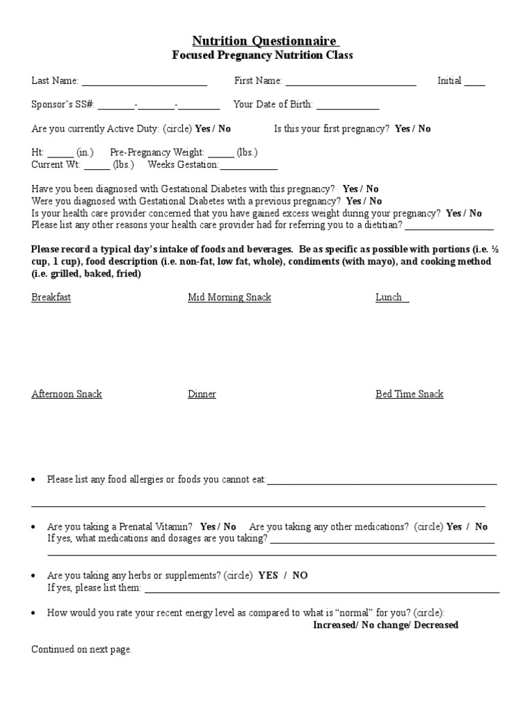 Nutrition Questionnaire-Focused Pregnancy (1) | Pregnancy | Gestational ...