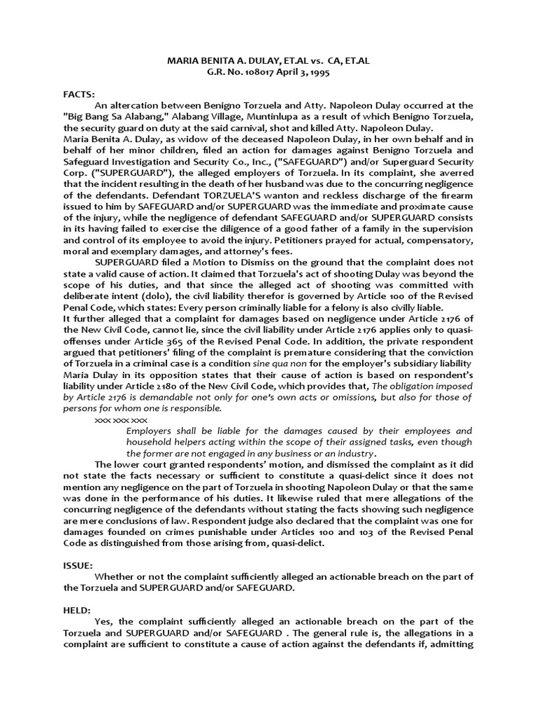 Maria Benita A. Dulay, Et - Al vs. CA, Et - Al | PDF | Negligence ...