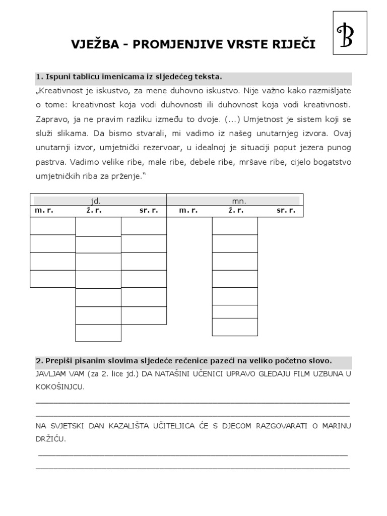 Vjezba Promjenjive Vrste Rijeci B