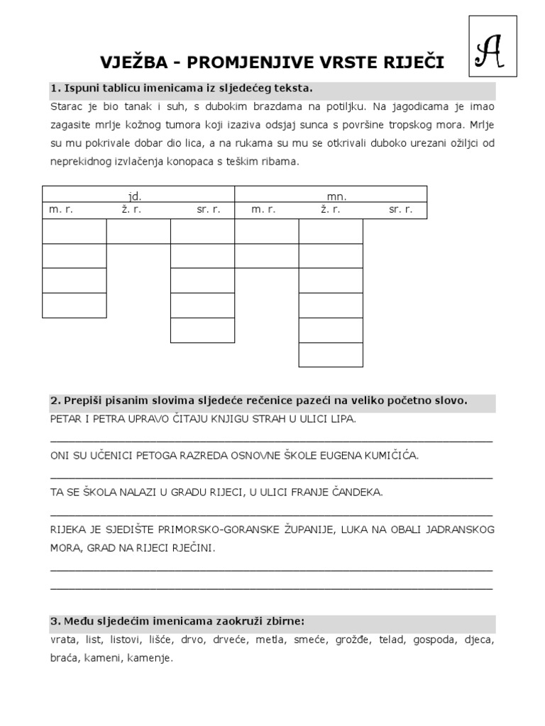 Vjezba Promjenjive Vrste Rijeci A | PDF