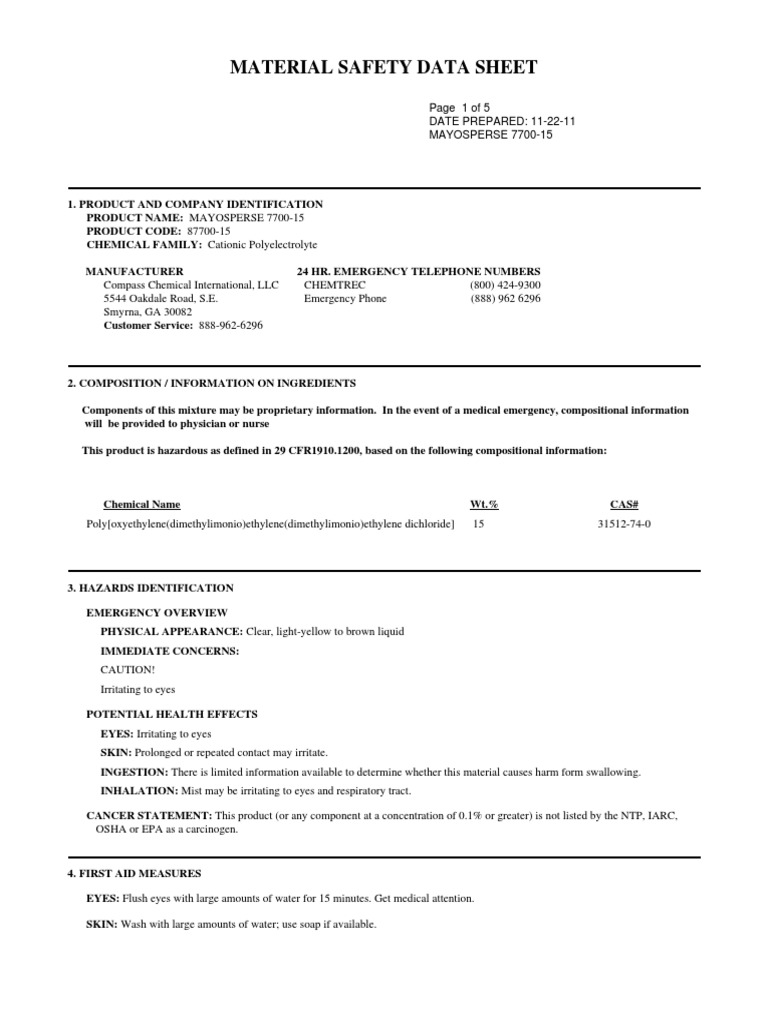 Cationic Poly Electrolyte Chemical MSDS | PDF | Resource Conservation ...