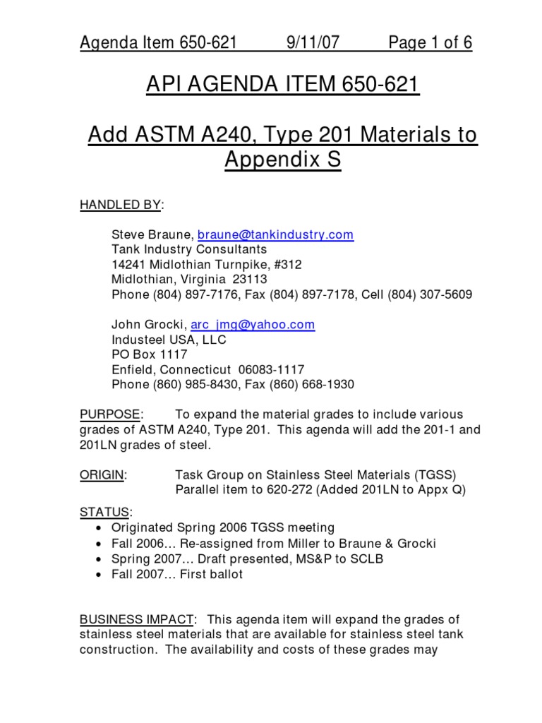 Api Agenda Item 650-621 Add ASTM A240, Type 201 Materials To Appendix S ...