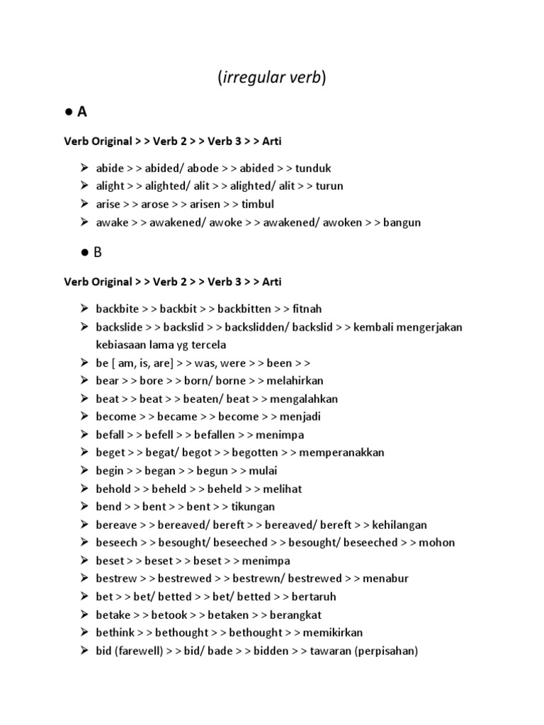 (Irregular Verb) : Verb Original Verb 2 Verb 3 Arti | PDF