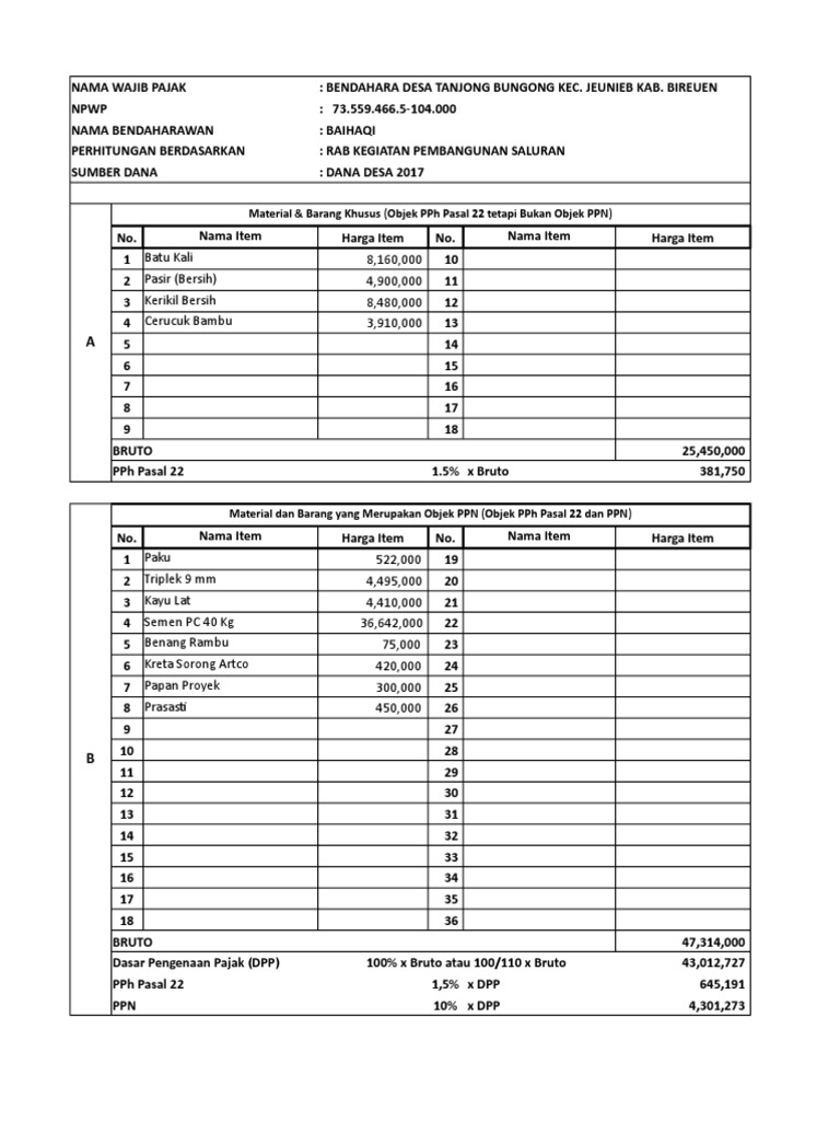 Perhitungan Pajak Dana Desa. TJB 2017 | PDF