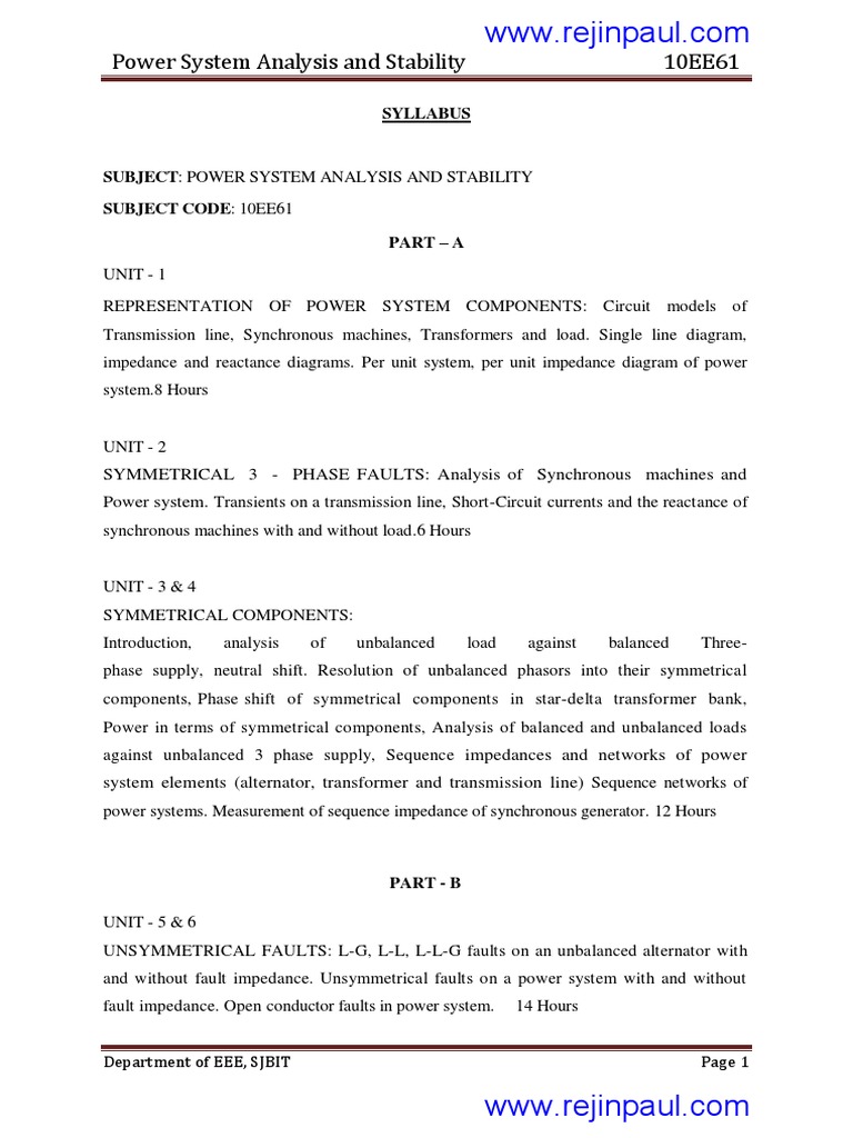 Eee Vi Power System Analysis and Stability 10ee61 Notes | PDF ...