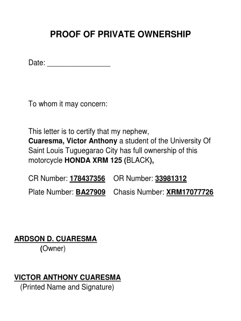 Proof of Private Ownership: Cuaresma, Victor Anthony A Student of The ...