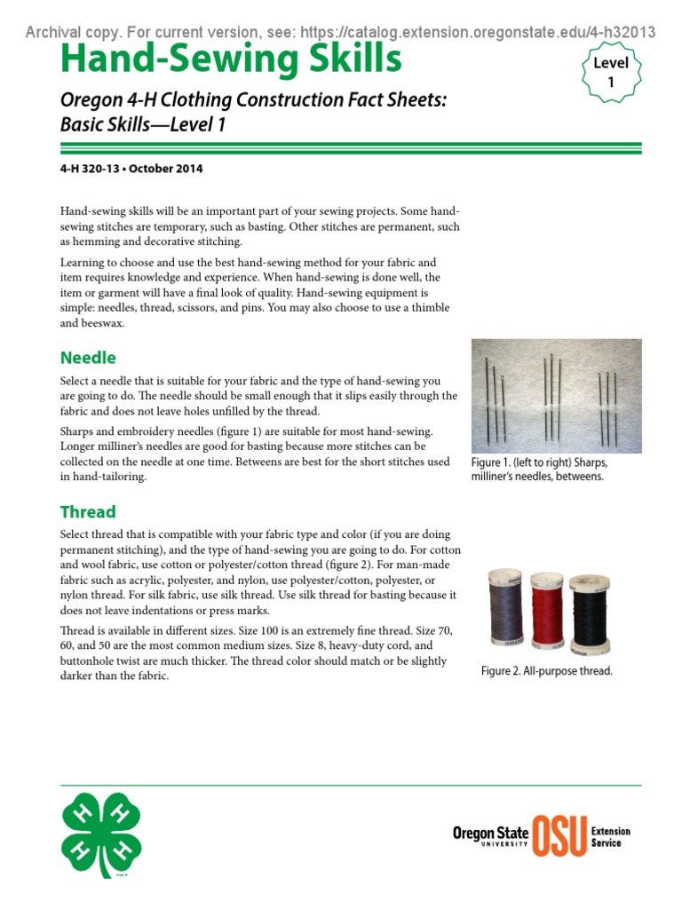 Hand-Sewing Skills: Oregon 4-H Clothing Construction Fact Sheets: Basic ...