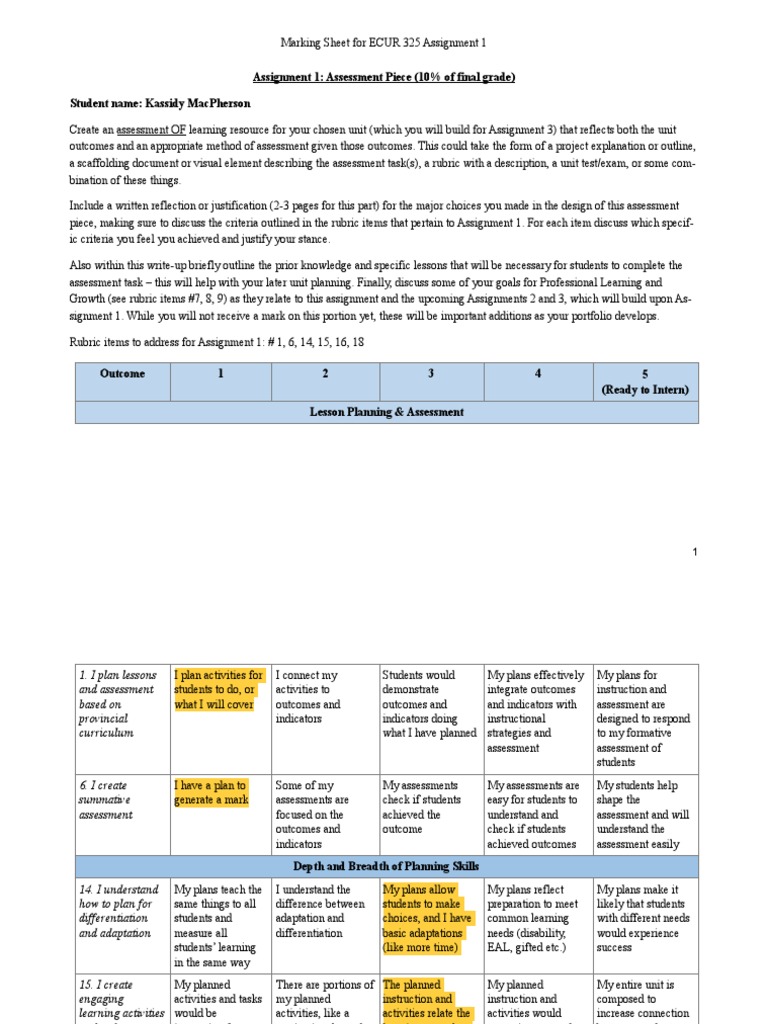 Assignment 1: Assessment Piece (10% of Final Grade) Student Name ...