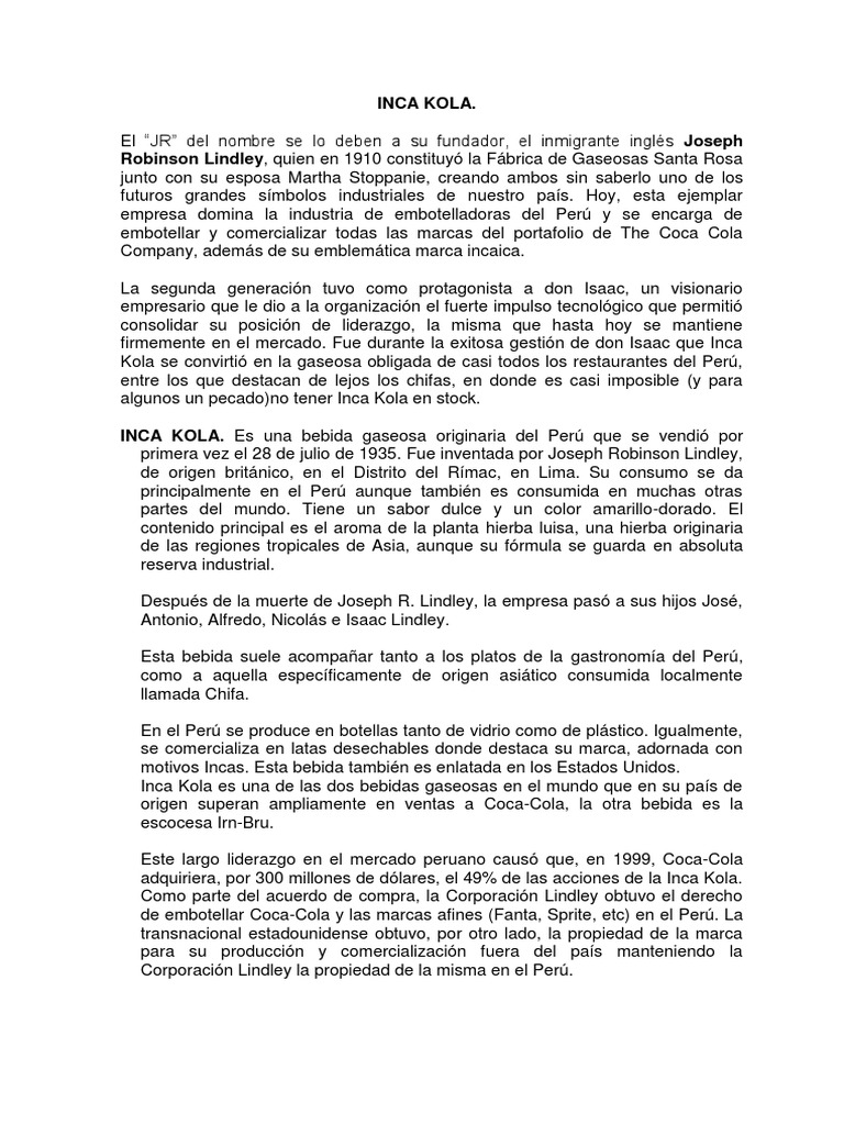 Historia y legado de Inca Kola | PDF | Refresco | Bebidas