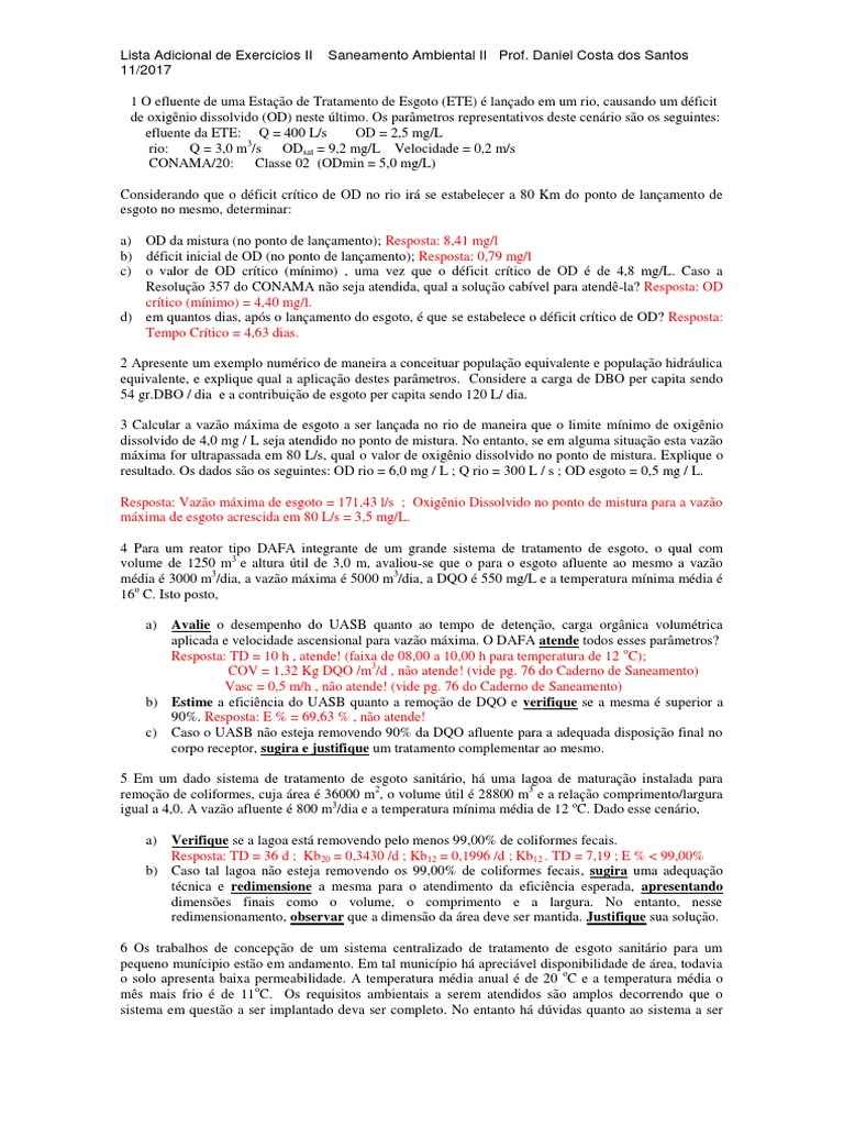 Lista Complementar de Exercícios II | PDF | Águas residuais | Tratamento de esgoto