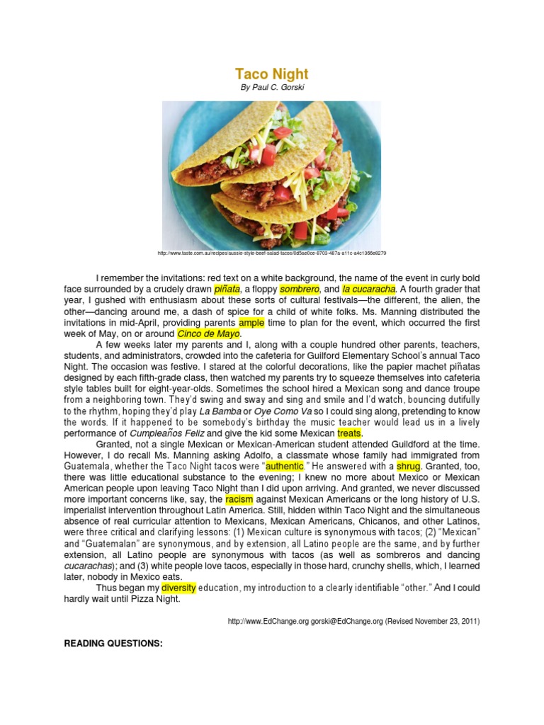 Reading Text 1 Taco Night High Schools | PDF | Mexico