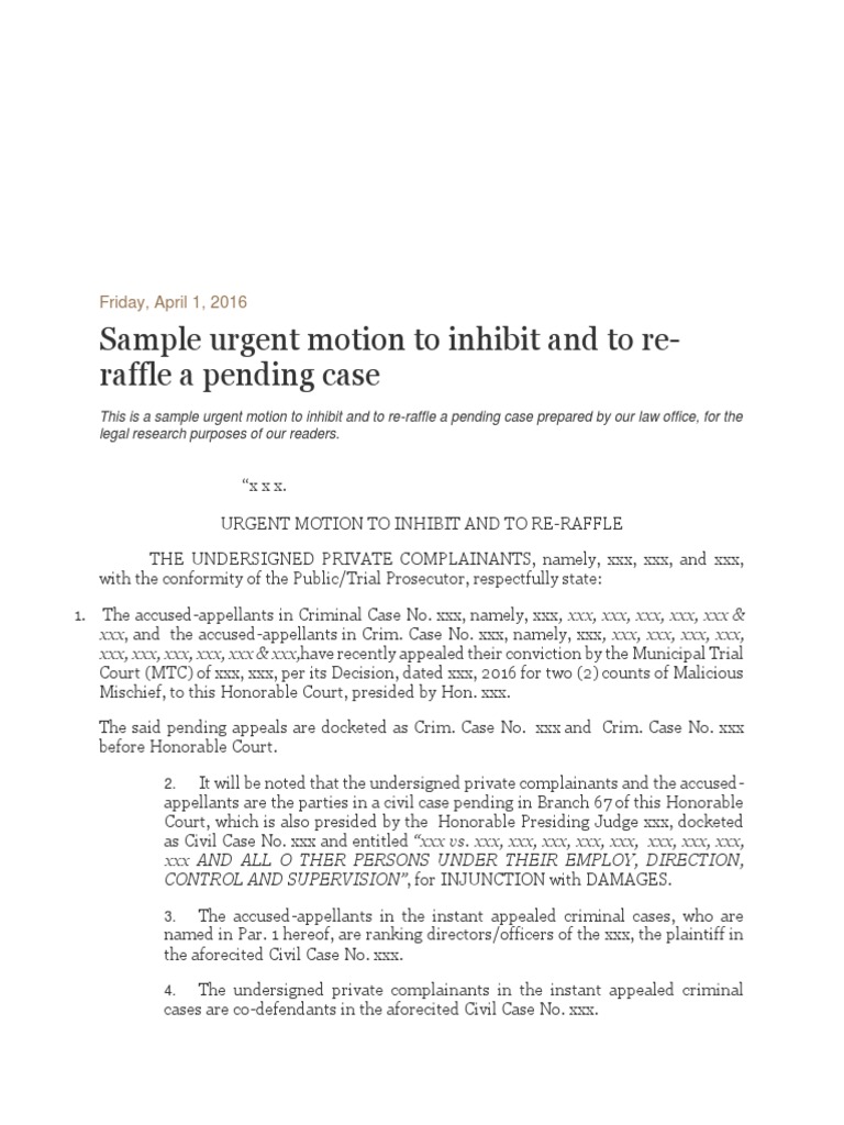 Sample Motion To Inhibit | Lawsuit | Judge