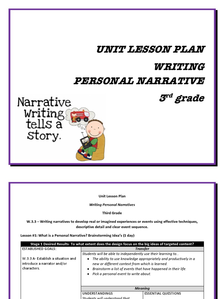 Unit Lesson Plan Writing Personal Narrative 3 Grade | Download Free PDF ...