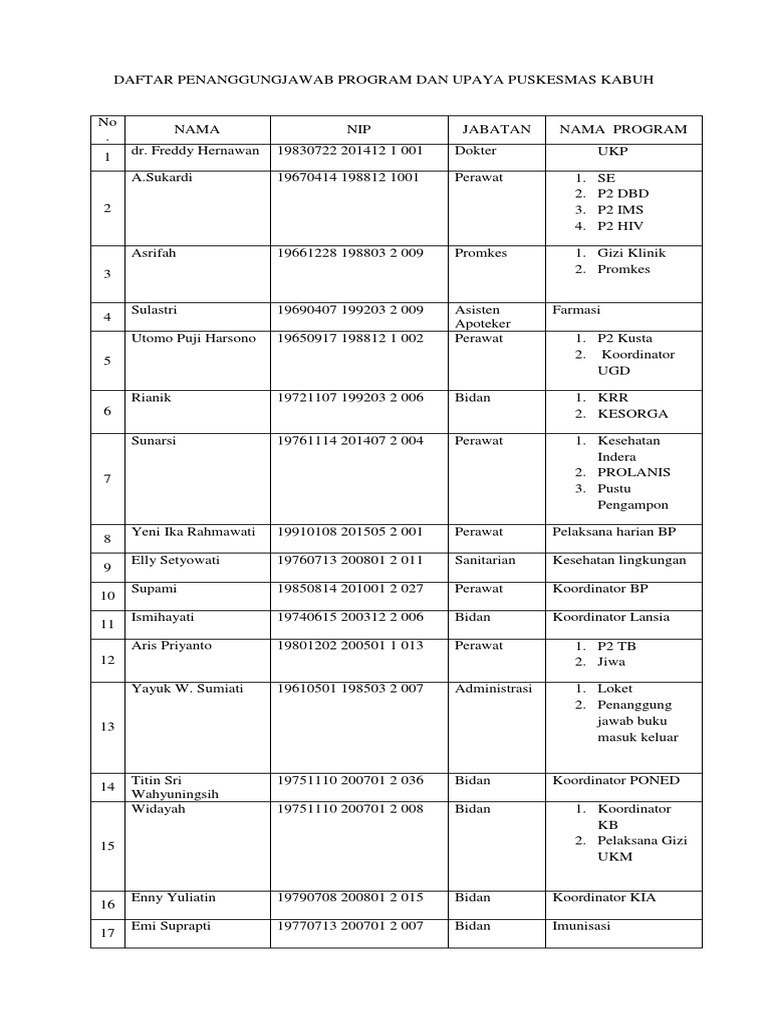 Daftar Penanggungjawab Program Dan Upaya Puskesmas Kabuh | PDF