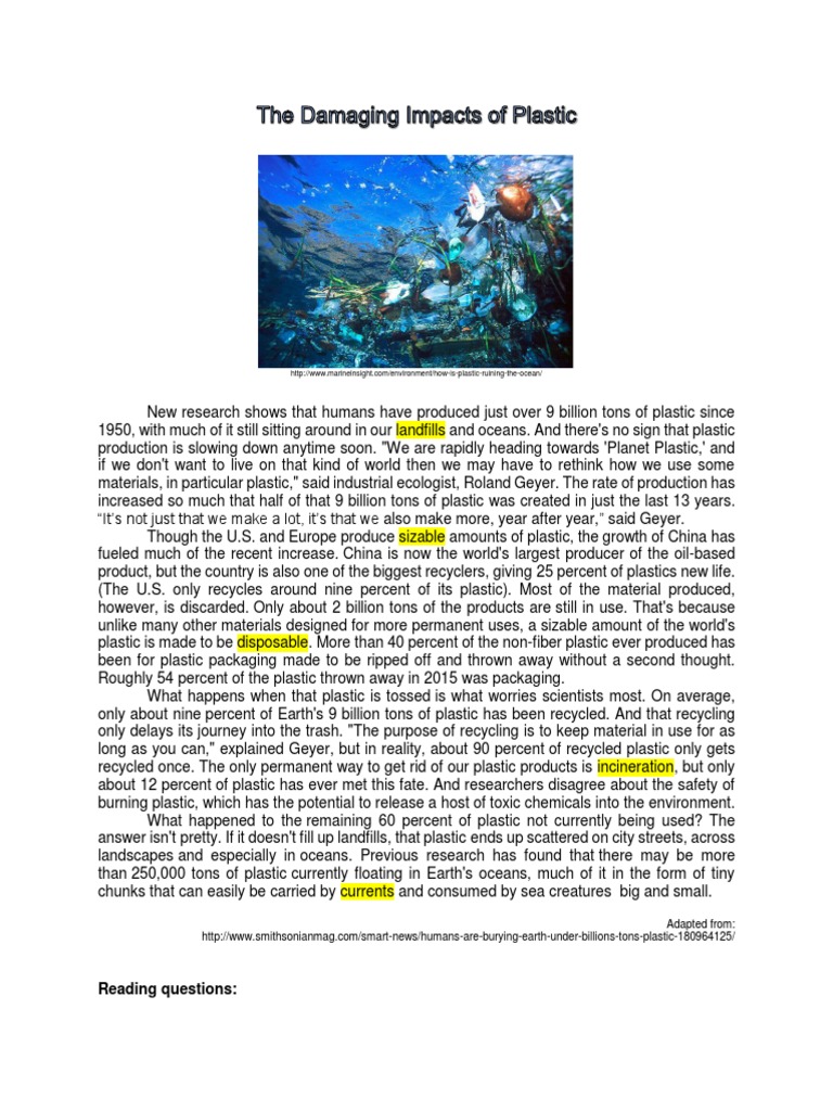 Reading Text 2 The Damaging Impacts of Plastic High Schools | PDF ...