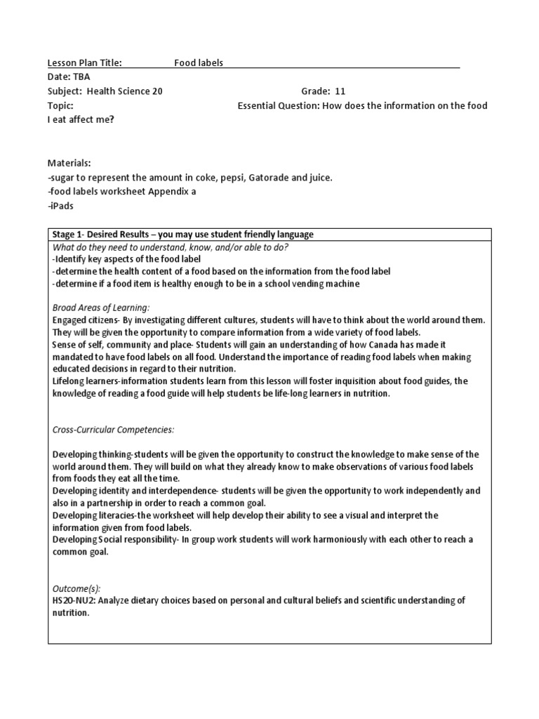 Food Label Lesson Plan | Download Free PDF | Educational Assessment ...
